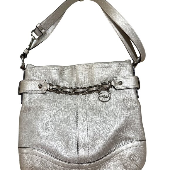 Coach | Bags | Coach Metallic Silver Pebbled Leather Shoulder Bag ...